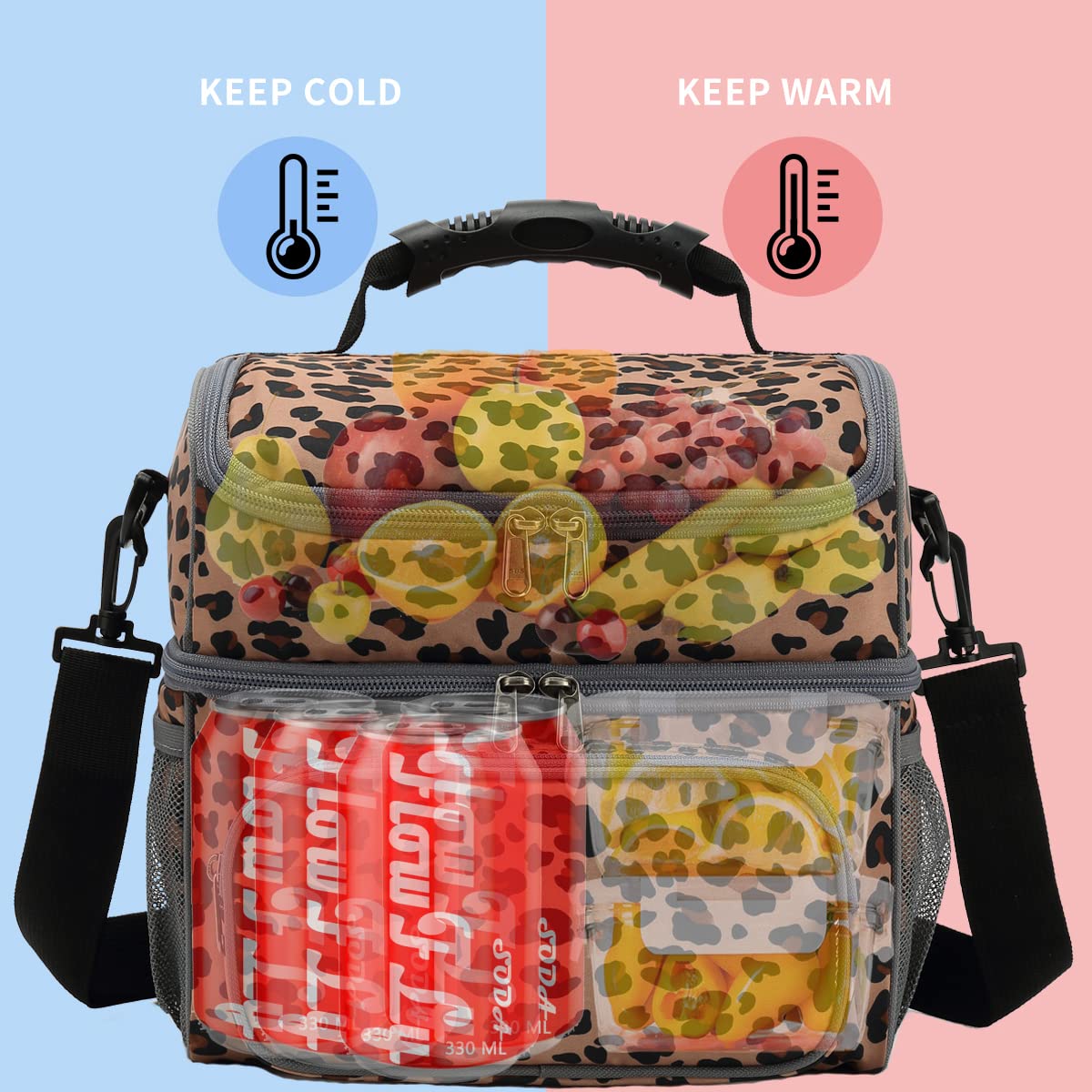FlowFly Double Layer Cooler Insulated Lunch Bag Adult Lunch Box Large Tote Bag for Men, Women, With Adjustable Strap,Front Pocket and Dual Large Mesh Side Pockets,Leopard