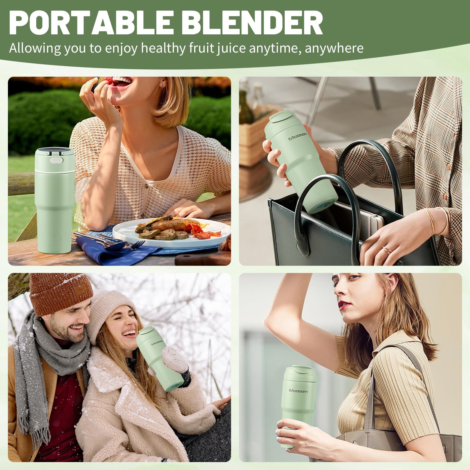 Portable Blender for Smoothies and Shakes,Personal Blender, 15 oz Vacuum Insulated Stainless Steel Keep Cold or Hot,BPA Free,USB Rechargeable,Travel Blender for Anywhere,Green(1 Pack)