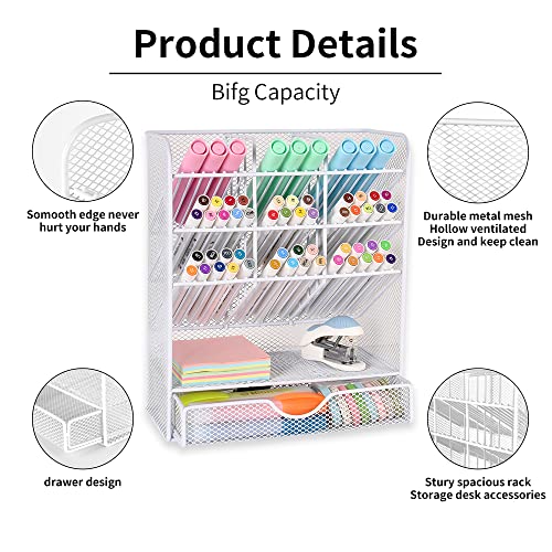Spacrea Pen Holder Desk Organizer - Desk Organizers and Accessories, Pencil Holder with 10 Compartments and 1 Drawer（White）