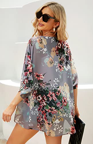 Women's Floral Print Puff Sleeve Kimono Cardigan Loose Cover Up Casual Blouse Tops (Dark Grey, XL)