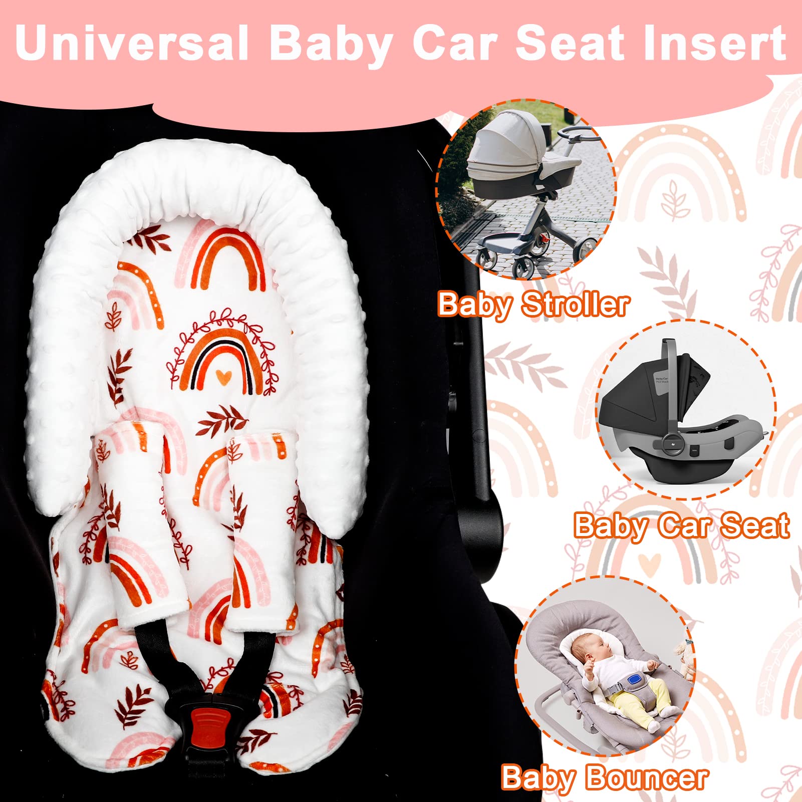Infant Car Seat Head Support Rainbow Baby Carseat Head Support Cushion & Strap Covers for Newborns Ultra Soft Minky Dot Fabric Perfect for Baby Carseats, Strollers, Swing, and Bouncers