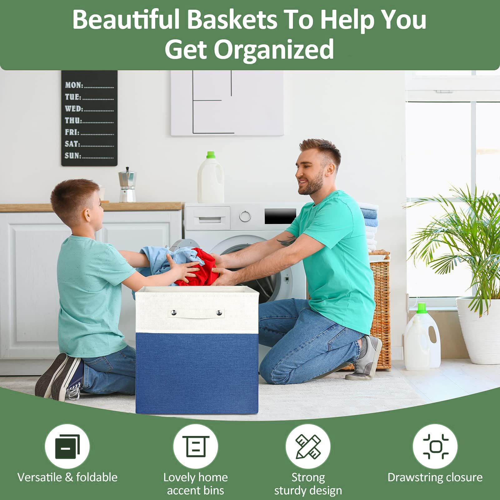 FinishingBo 13x13x13 Cube Storage Bins, Collapsible Fabric Storage Cubes Organizer , Foldable Large Storage Baskets for Nursery, Toys Organizing Closet, Shelf Cabinet(6Pack, White and Navy Blue