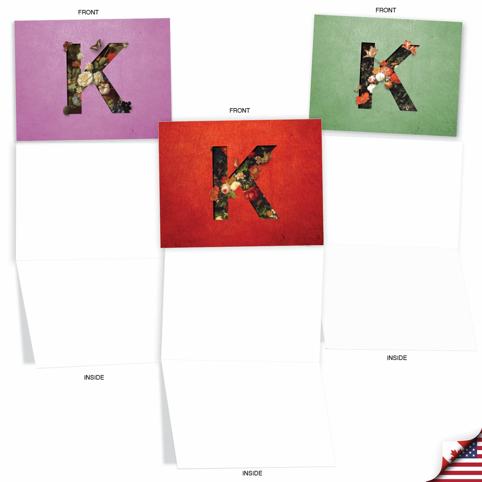 The Best Card Company - 10 Initial Letter βKβ Assorted Blank Notecards Beautiful Flower Personal Stationary 4 x 5.12 Inch, Bulk Variety Pack for Thank You and Notes - Baroque Blooms K M3838OCB-B1x10