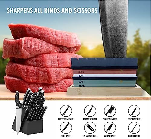 Parichan’ Professional Knife Sharpening Stone Kit – Premium 4 Grit 400/1000/3000/8000 Whetstone with Flattening Stone, Cut Resistant Glove, Bamboo Base, Fixed Angle, Angle Guide, Leather Belt