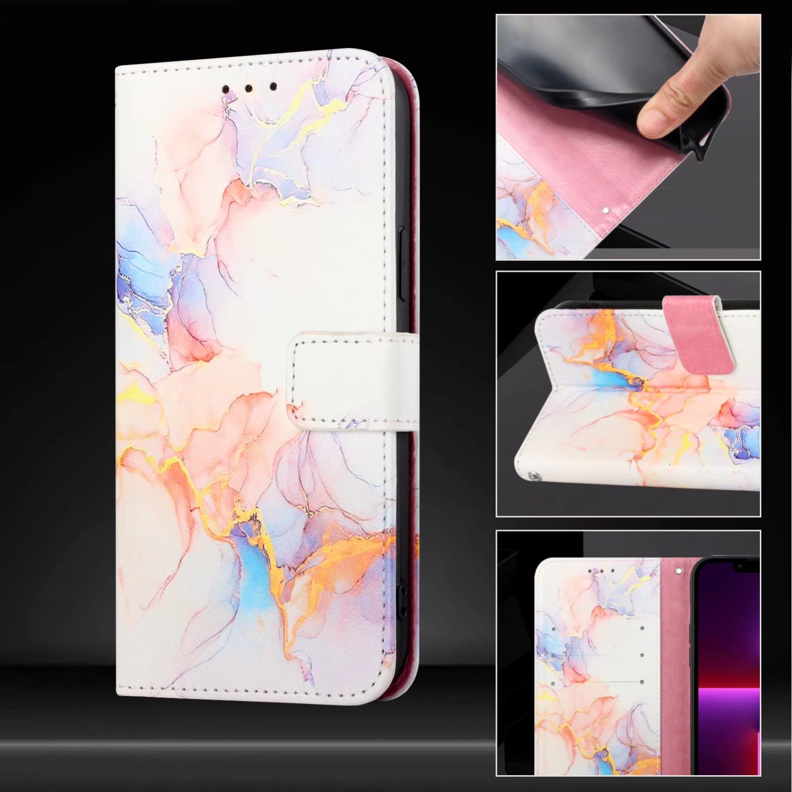 FTRONGRT Case for Tecno Spark 8C, with Mobile Phone Holder, Fall-Proof, Suitable for Tecno Spark 8C Folding Mobile Phone Leather Protective Shell.Galaxy Marble White