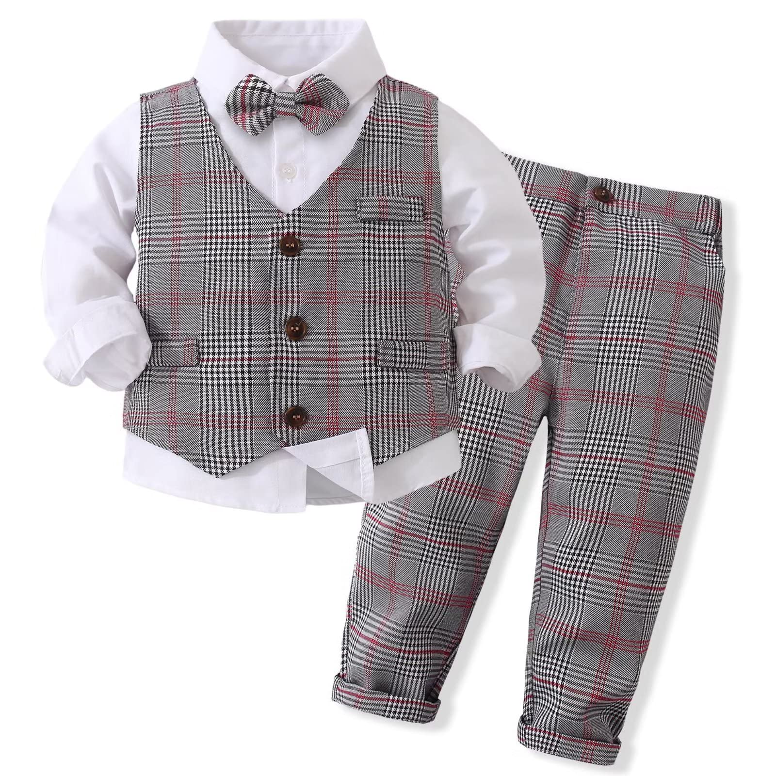 Infant White Long Sleeve Dress Shirts Plaid Vest Check Pant with Bowtie Gentleman Outfits for Baby Boys 12-18M