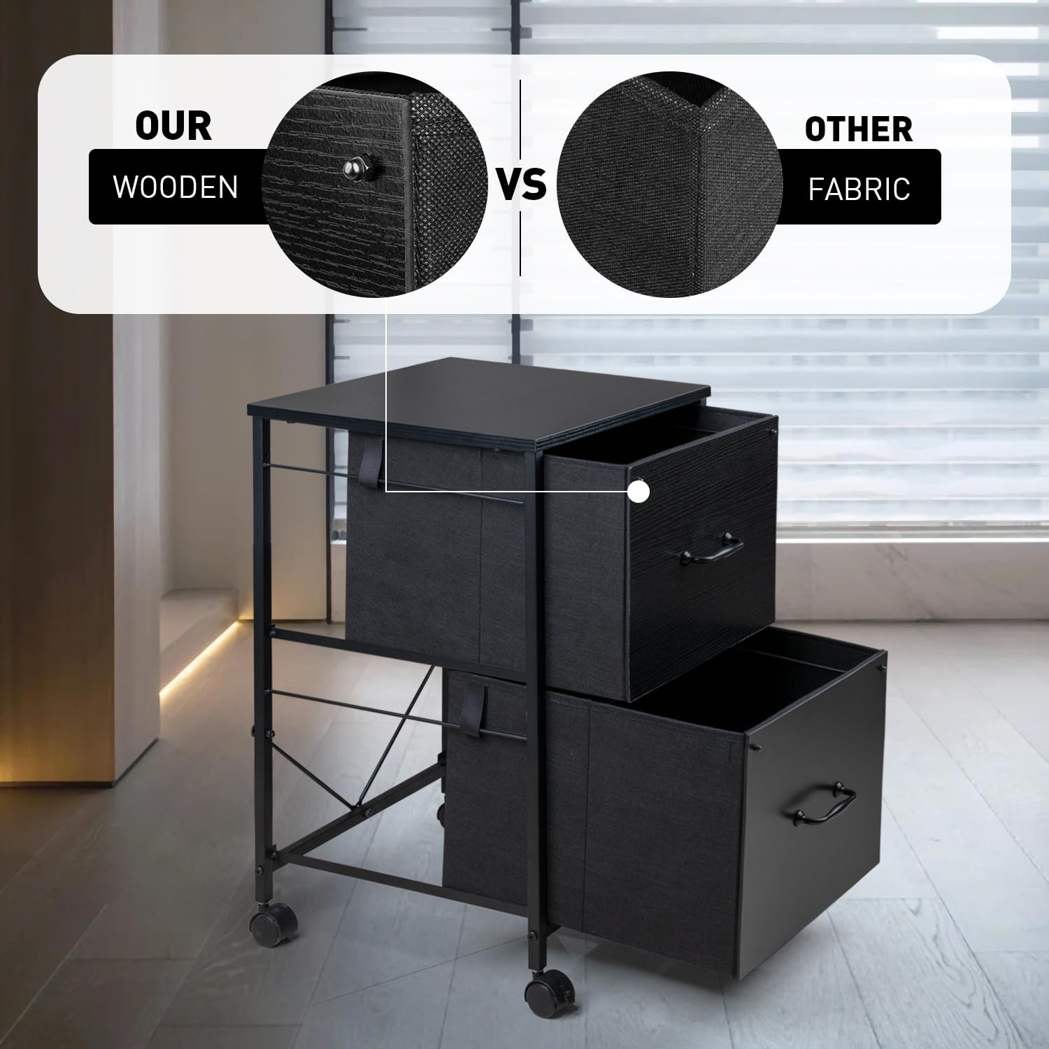 Finnhomy Mobile File Cabinet with 2 Drawers, Small Fabric Vertical Filing Cabinet with Wooden Board, Rolling Printer Stand fits A4 or Letter Size