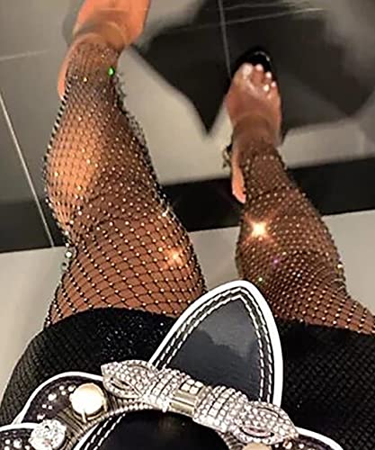 Fstrend Sparkly Crystal Mesh Fishnet Pants Black Rhinestone See Through Bottoms