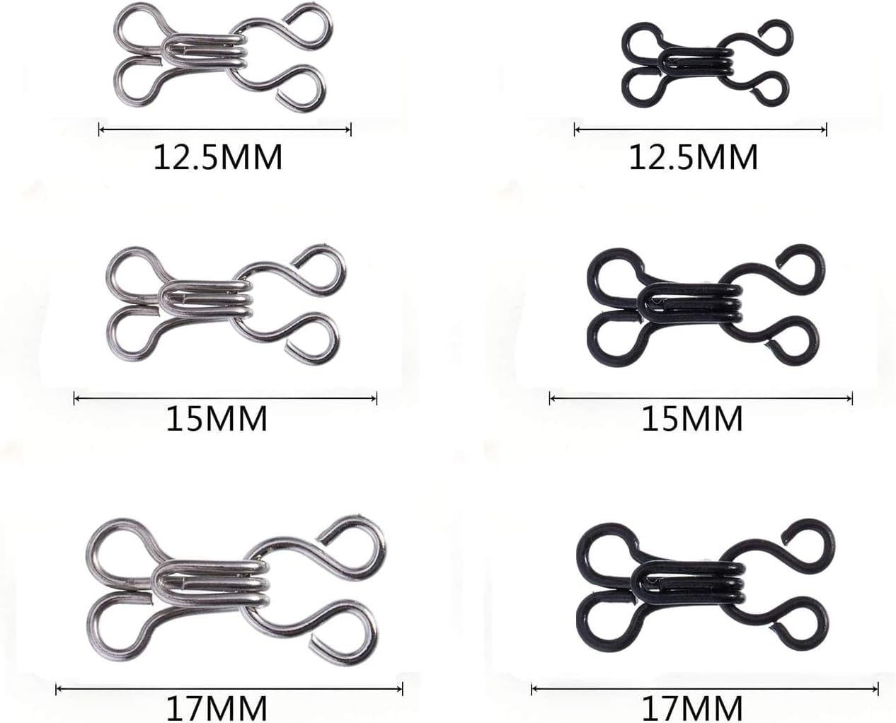 HAALII 60 Set Sewing Hooks and Eyes Closure for Bra Clothing Trousers Skirt DIY Craft, Trousers Skirt Sewing DIY Craft, 3 Sizes, Black and Silver
