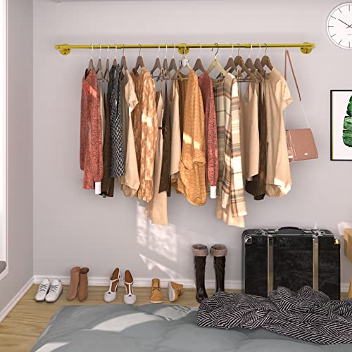 MOUTIK Industrial Pipe Clothes Hanging Rack: Wall Mounted Iron Clothing Storage Hanger Rod - Heavy Duty Multi-Purpose Metal Garment Bar for Closet Laundry Room Gold