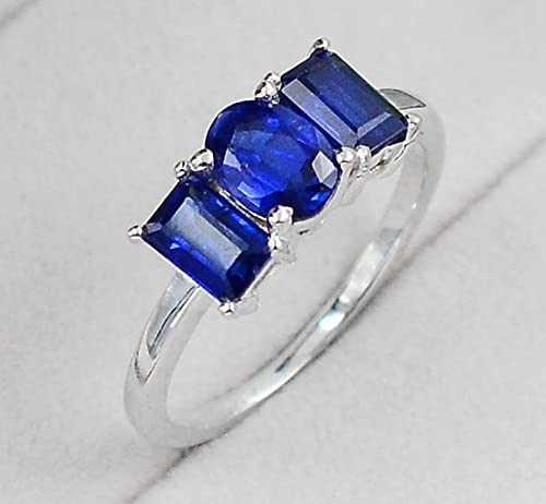 Gemstone 925 Sterling Silver Natural 7X5 MM Blue Kyanite Oval Cut January Birthstone Cluster Unisex Ring For Wedding Gift (Rhodium Plated Silver, 8.5)