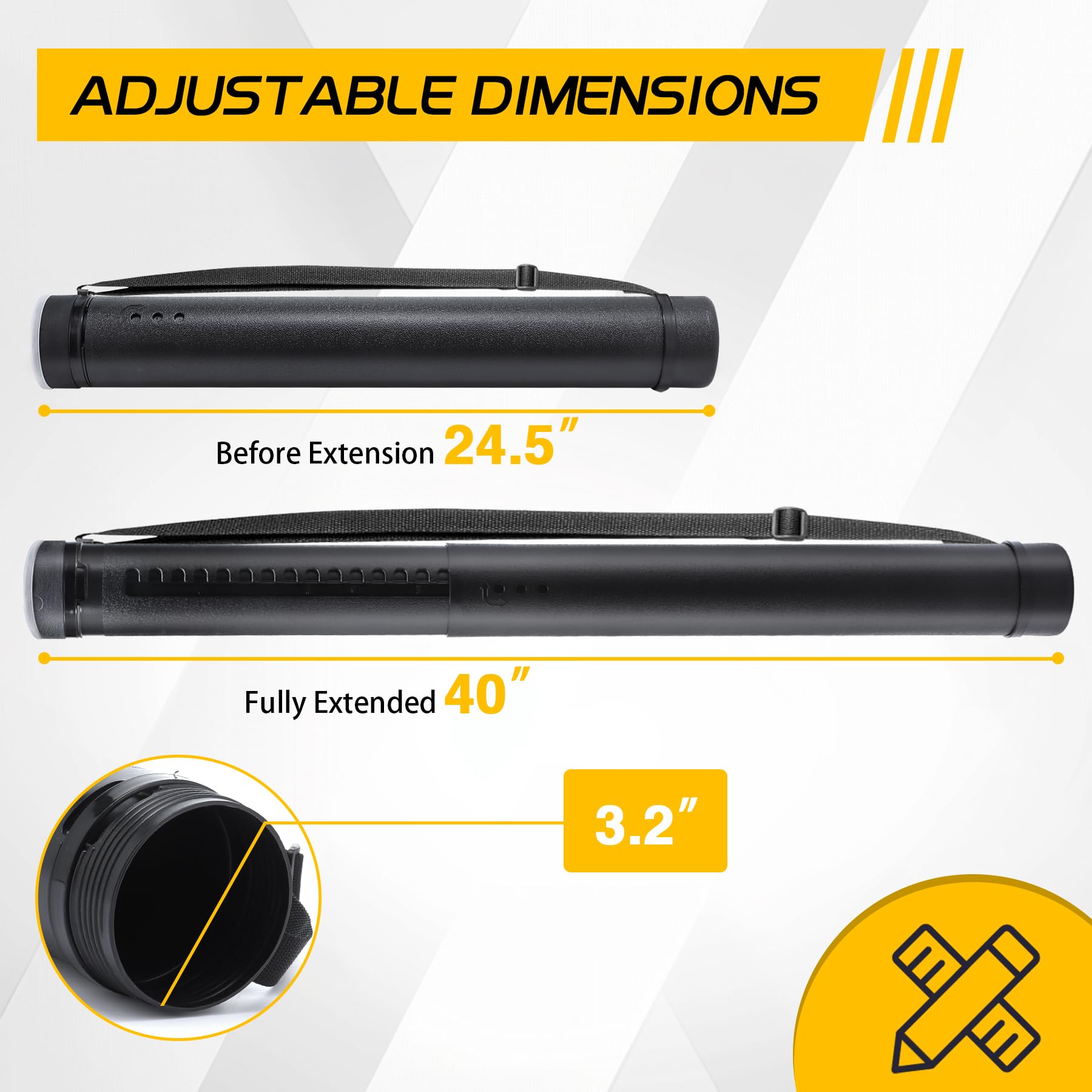 IPETRK 2-Pack Extendable Poster Storage Tube Expand from 24.5β to 40β, for Carry Documents | Artworks | Blueprints | Drafting | Scrolls or Arrow,Black Portable Durable Round Tube with Shoulder Strap