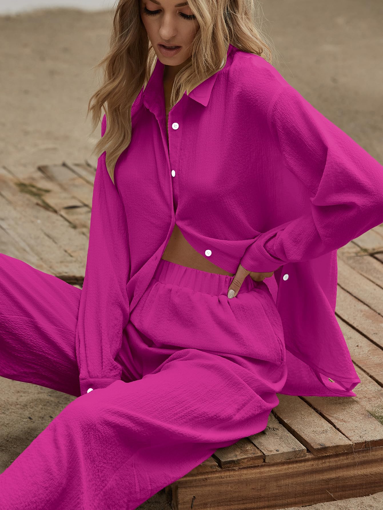 Floerns Women's 2 Piece Outfits Slit Hem Longline Blouse and Wide Leg Pants Set A Hot Pink S