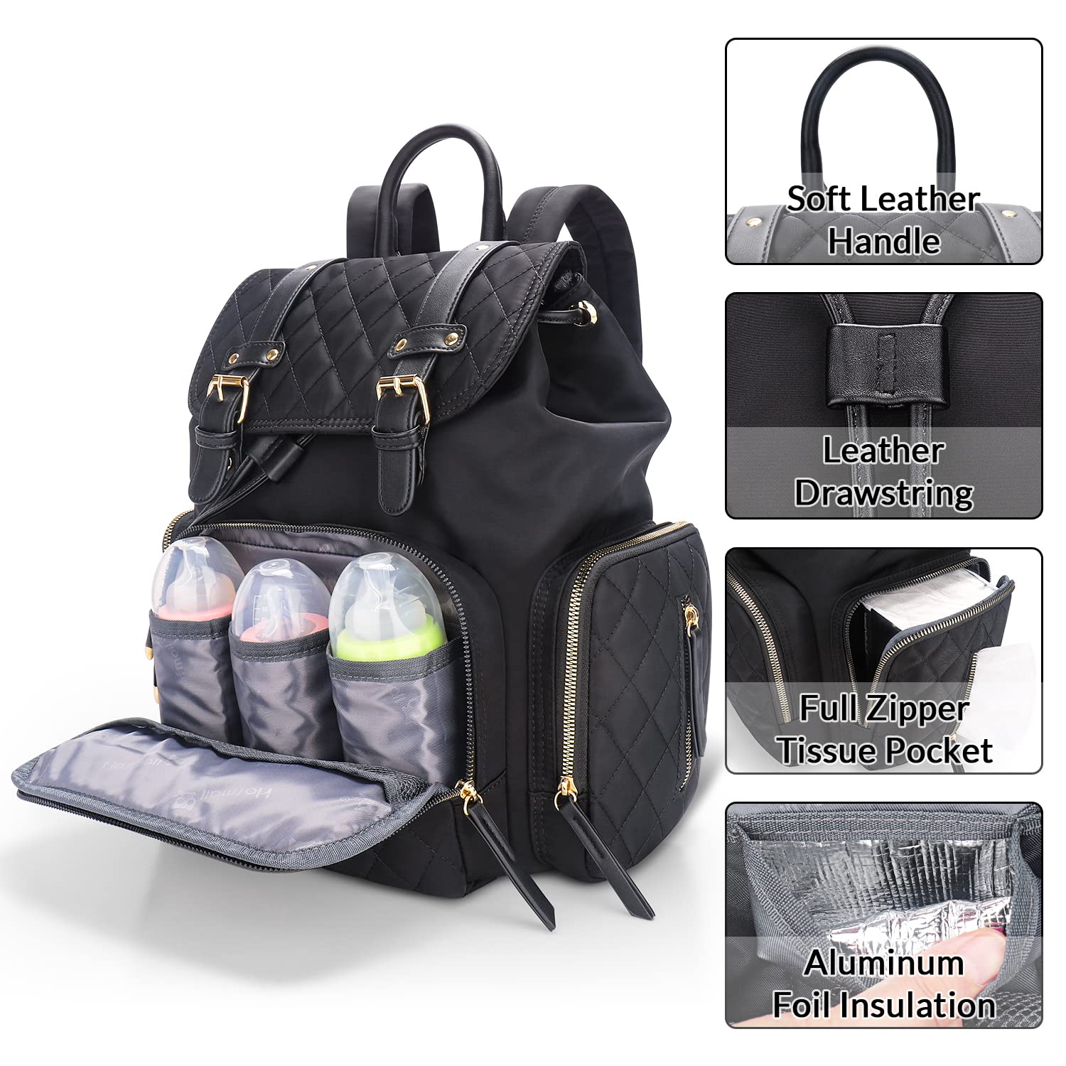 Hafmall Diaper Backpack for Mom, Stylish Baby Diaper Bag Backpack with Stroller Hooks, Multifunctional Baby Bag for Baby Girl Boy, Black