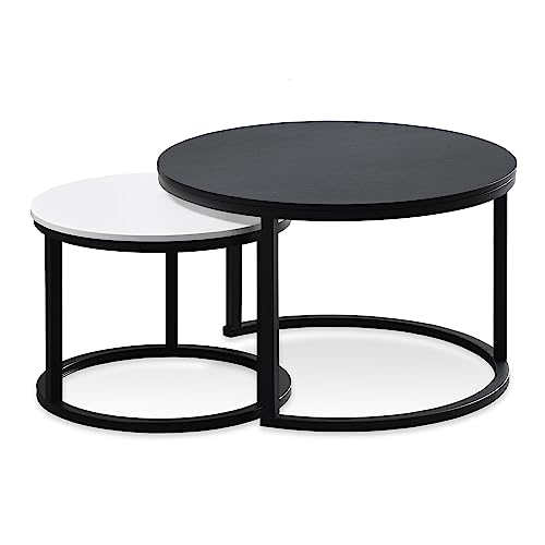 MASAKA B&W 27.5 Inch Round Wood Tables 2 Pack, Coffee Tables for Living Room Set of 2, Small Coffee Tables for Small Spaces, Center Table Modern Black with White