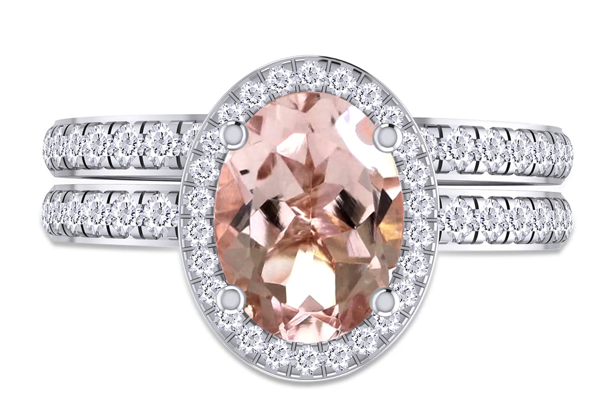 GEMVIO Collection 8X6MM Oval Cut Natural Morganite Gemstone & Natural Diamond Halo Bridal Set Engagement Ring In 14K White Gold Over Sterling Silver Anniversary Wedding Ring (1.40 Cttw)-7