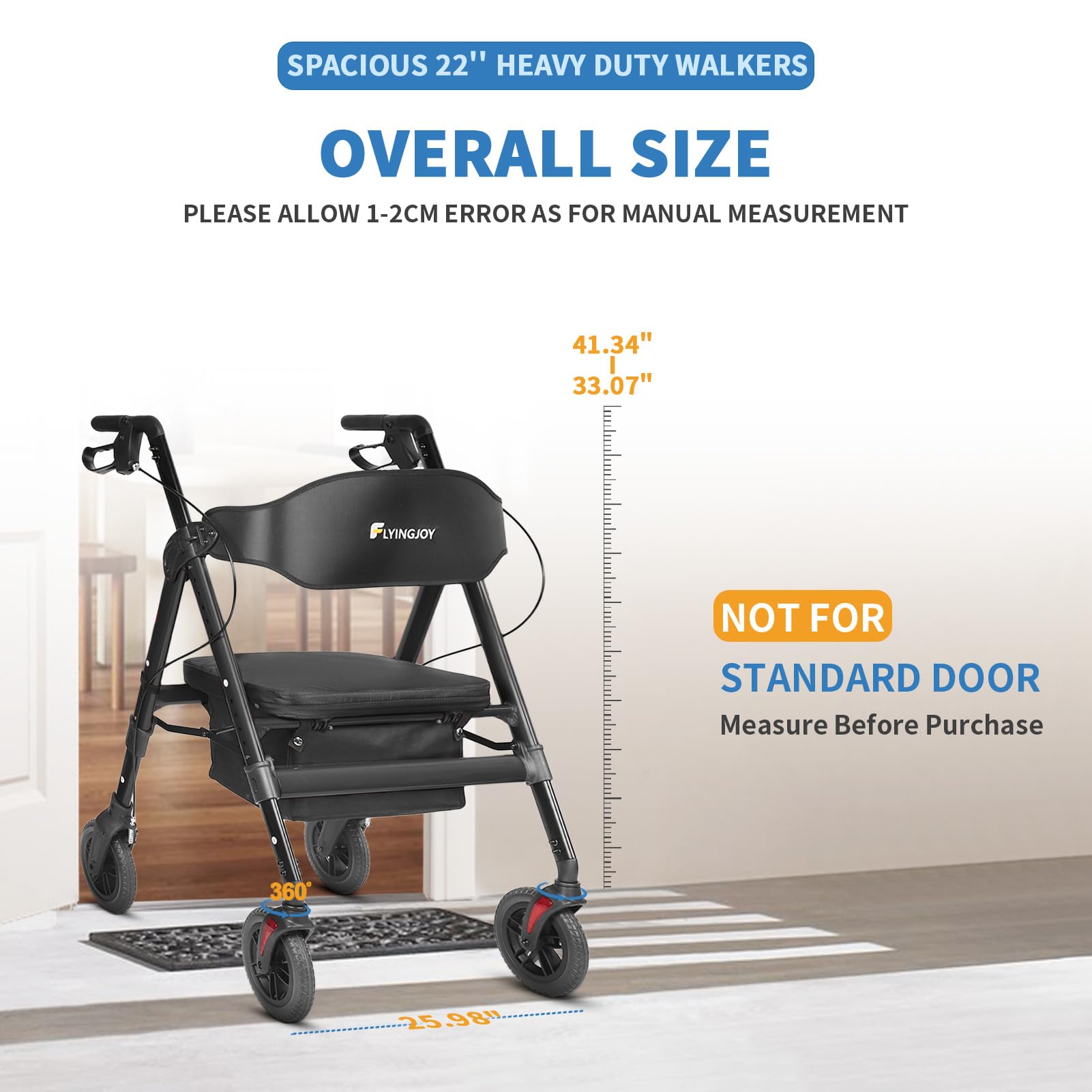 FlyingJoy Heavy Duty Rollator Walker for 450 lbs Large People, 4-Wheels Folding Rolling Walker with Extra Spacious Seat, NOT for Standard Door 26" Wide, a bit Bulky for Lightweight Elderly (Black)