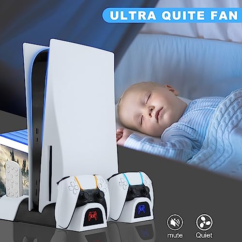 PS5 Stand and Cooling Station,Dual PS5 Controller Charger for PS5 Console,Remote Control 10 Game Solts 3-Level Cooling Fan Compatible with Platstation 5 Disc & Digital Editions