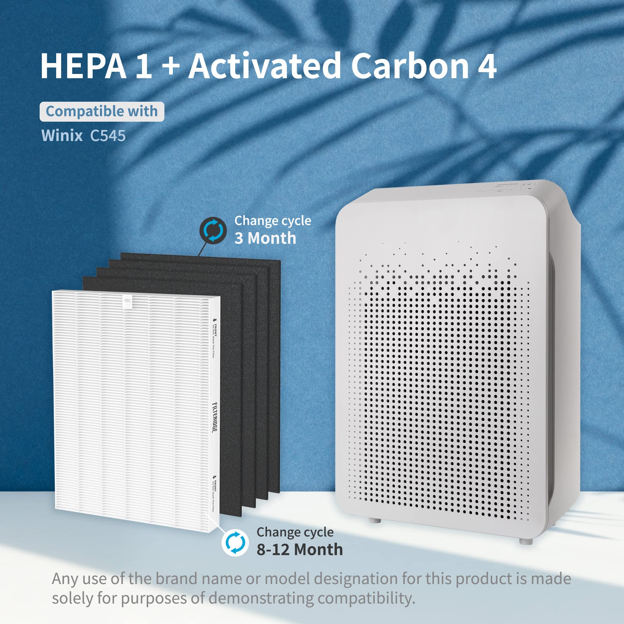 Filteridge C545 Replacement Filter, Compatible with Winix C545, Winix S Filter 1712-0096-00 Air Purifier, H13 True HepaFilter Replacement, 1 H13 HEPA Filter + 4 Activated Carbon Filters