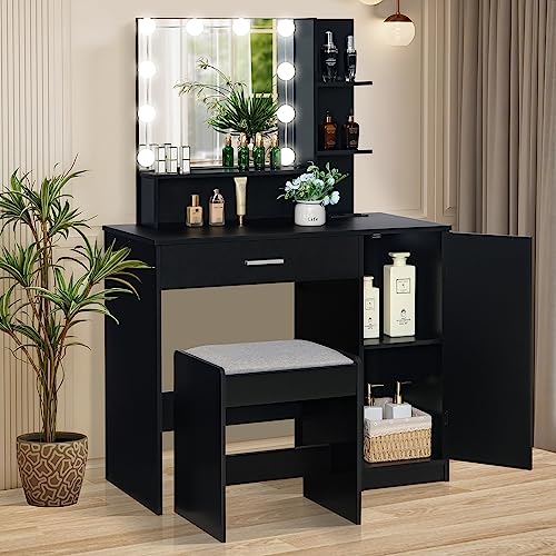 usikey Makeup Vanity Desk, Vanity Mirror with Lights and Table Set with Drawer, Cabinet & 3 Shelves, Makeup Vanity Set with 3 Lighting Modes Brightness Adjustable for Bedroom, Black