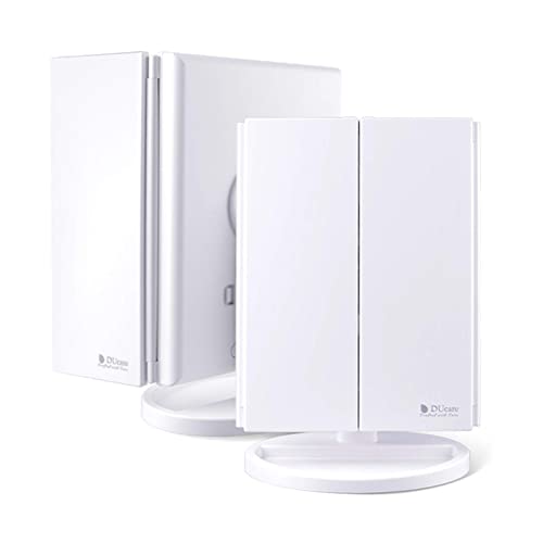 DUcare Makeup Mirror Vanity with Lights【Update】 2X 3X 10x Magnification, Lighted Makeup Mirror, Trifold Makeup Mirror, Dual Power Supply, Portable LED Makeup Mirror, Touch Screen-White Women Gift