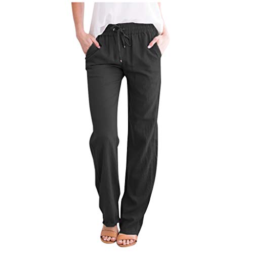 Somacperiy Women Cotton Linen Casual Pants Straight Leg Drawstring Elastic High Waist Loose Comfy Palazzo Trousers with Pockets(Black,3X-Large)