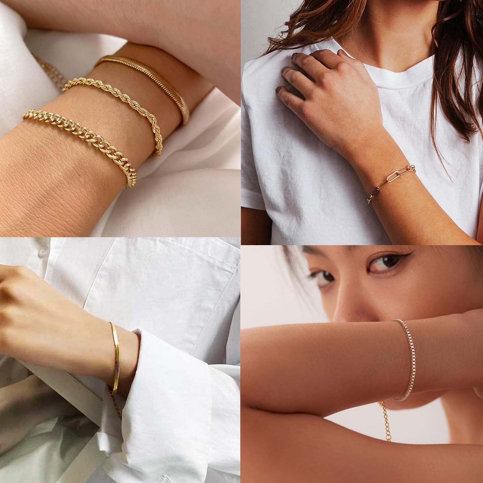 FINREZIO 12PCS Gold Chain Bracelets Set for Women, Dainty Link Beaded Cuban Chunky Cable Chain Bracelets, 14K Gold Plated Stackable Bracelets Adjustable Jewelry