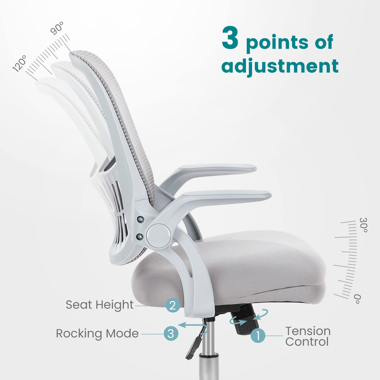 edx Office Computer Desk Chair, Mid-Back Ergonomic Mesh Rolling Work Swivel Task Chairs with Wheels, Comfortable Lumbar Support, Comfy Flip-up Arms for Home, Bedroom, Study, Student, Grey