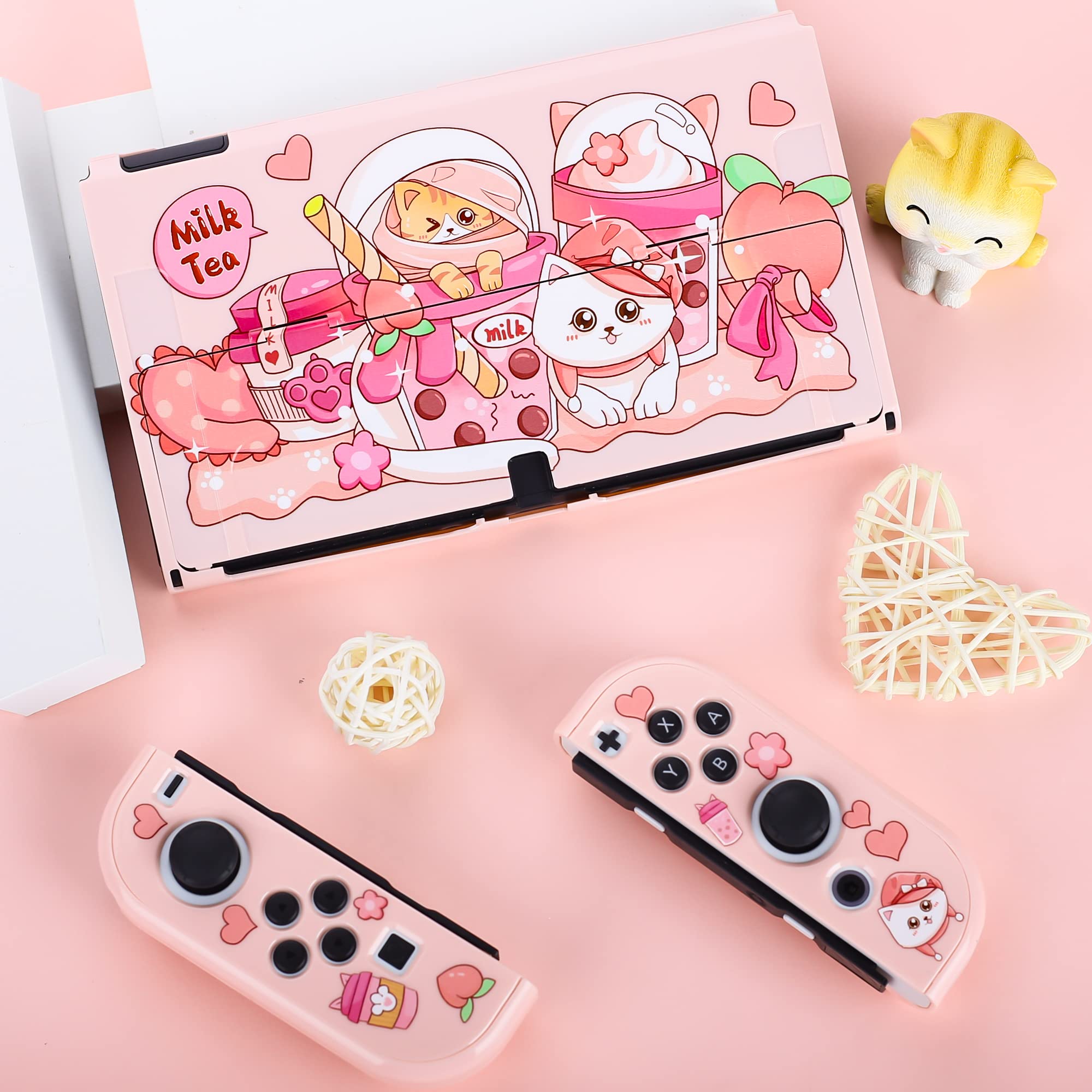 FANPL Cute Case Compatible with Nintendo Switch OLED 2021, Pink Cover with Milk Tea & Cat Pattern for Switch OLED, Hard PC Shell with Ergonomics Joycon Case, Dockable Protective Case for Girls