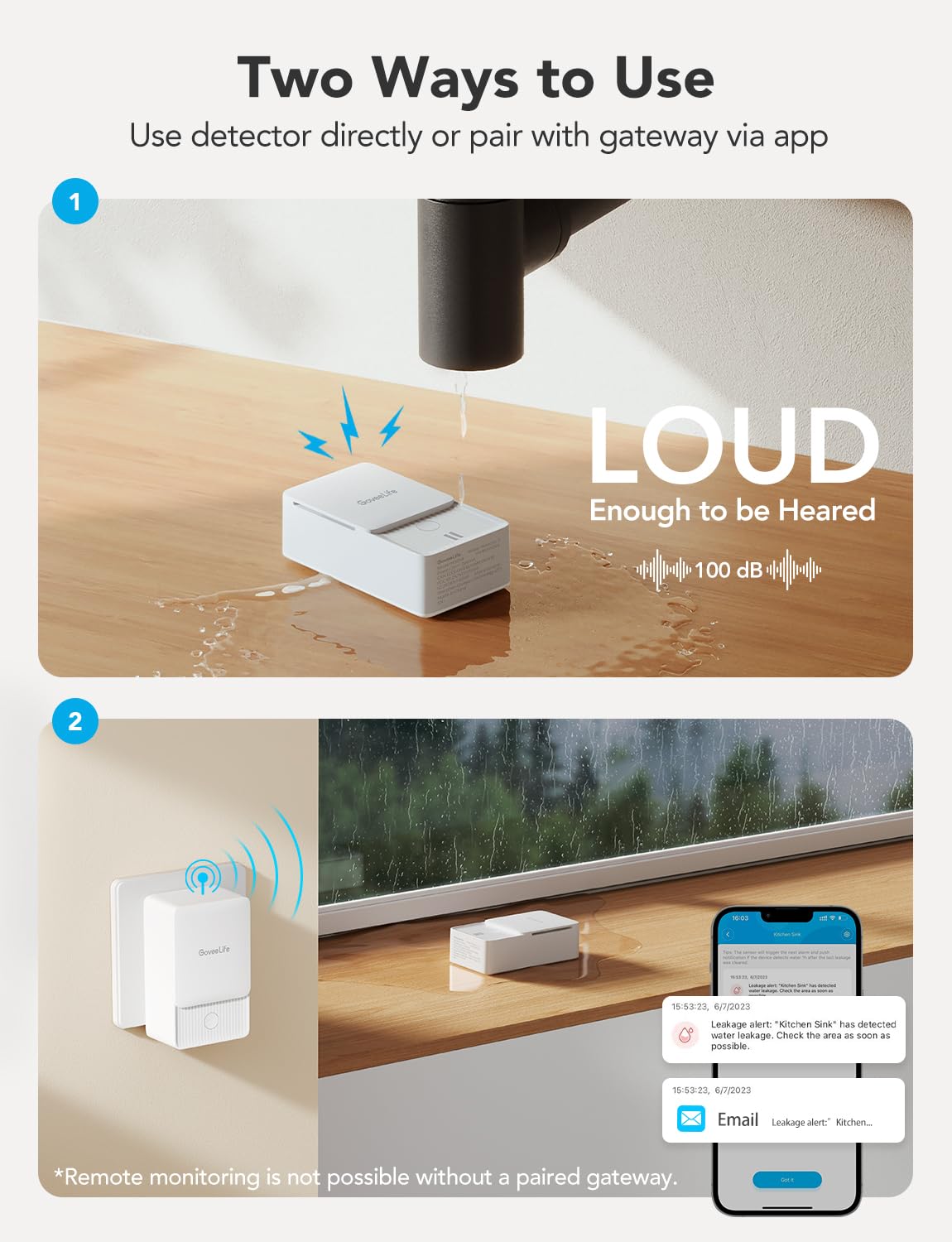 GoveeLife Water Leak Detectors 3 Pack, 100dB Adjustable Audio Alarm and Leak and Drip Alerts, Detector for Home, Bedrooms, Basement, Warehouse, Cabin/RV