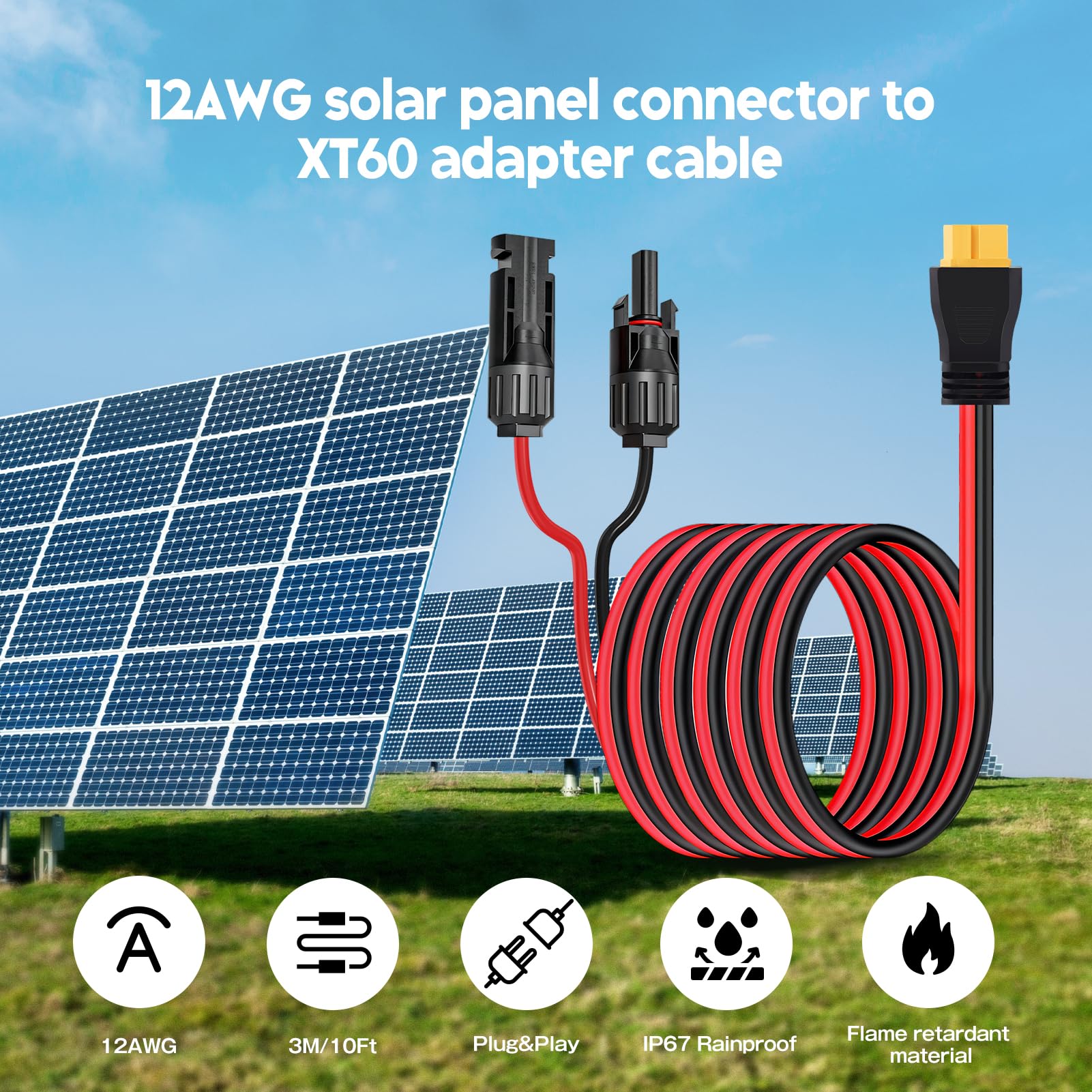 DVUIYYL XT60 Extension Cable Solar Connector XT60 Connector, 12AWG 10Ft, XT60 Connectors to XT60 Adapter Solar Cable for Portable Power Plants and Solar Generators