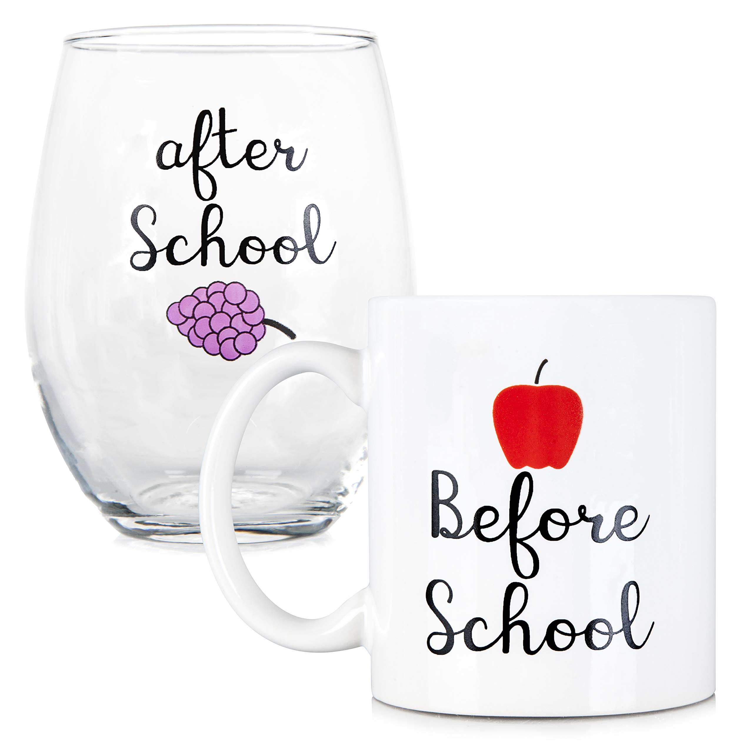 Funny Mugs, LOL Before School, After School Coffee Mug and Stemless Wine Glass Set - Gift for Teachers and Professors - 11 oz Coffee mug - 15 oz wine glass