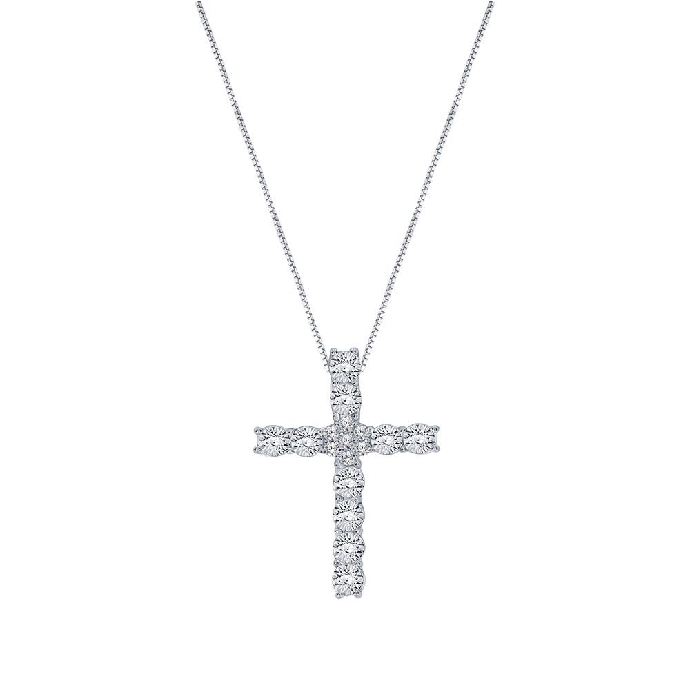 Elmas Round White Diamond Accent 925 Sterling Silver Cross Pendant Necklace for Women
