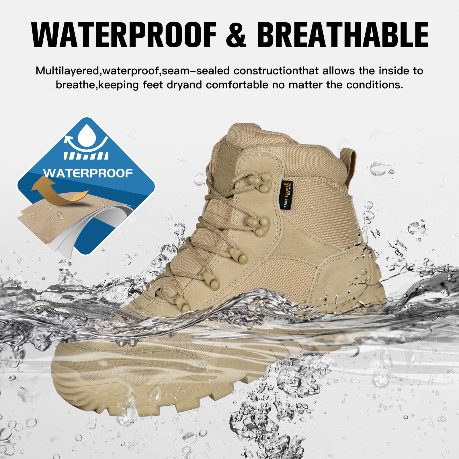 FREE SOLDIER Men's Waterproof Hiking Boots Tactical Work Boots Outdoor Lightweight Military Boots(Tan, US 9)