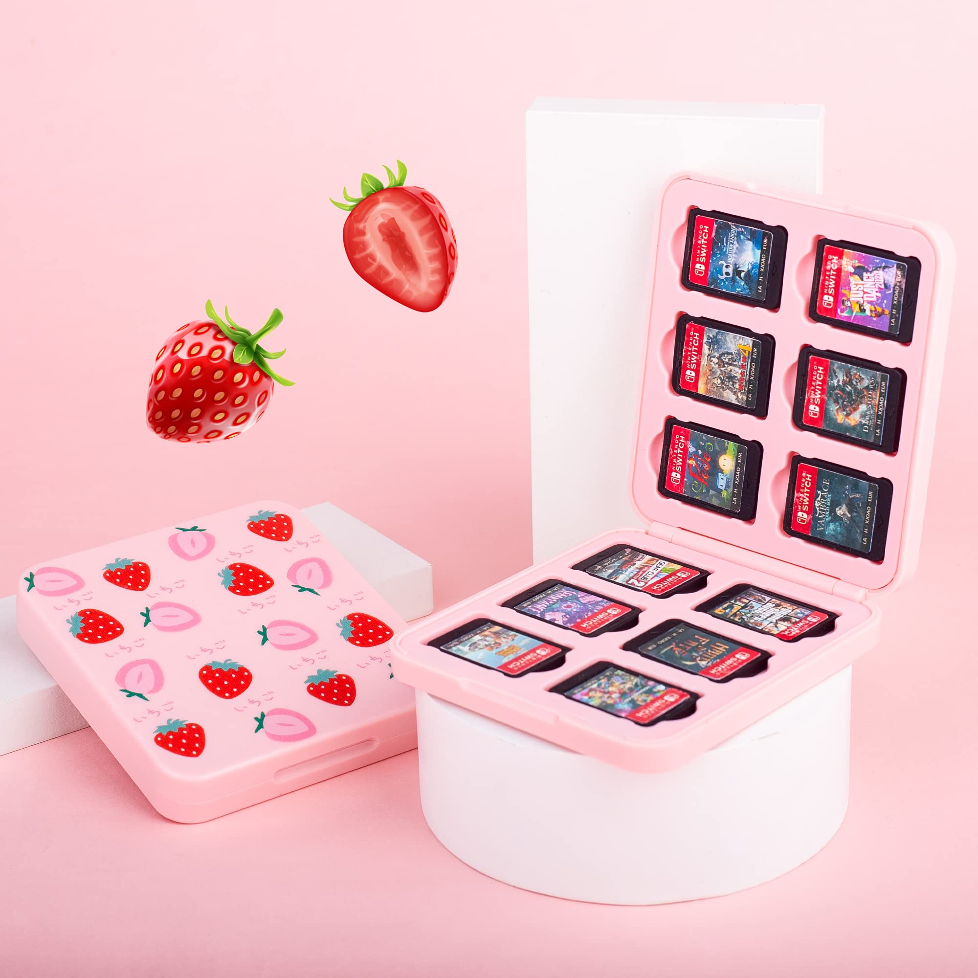 FANPL Game Case Holder for Nintendo Switch/ OLED/ Lite,12 Game Card and 12 Micro SD Card Slots Portable Storage Case for Switch, Cute Switch Cartridge Box with Hard Shell & Soft Liner-Pink Strawberry