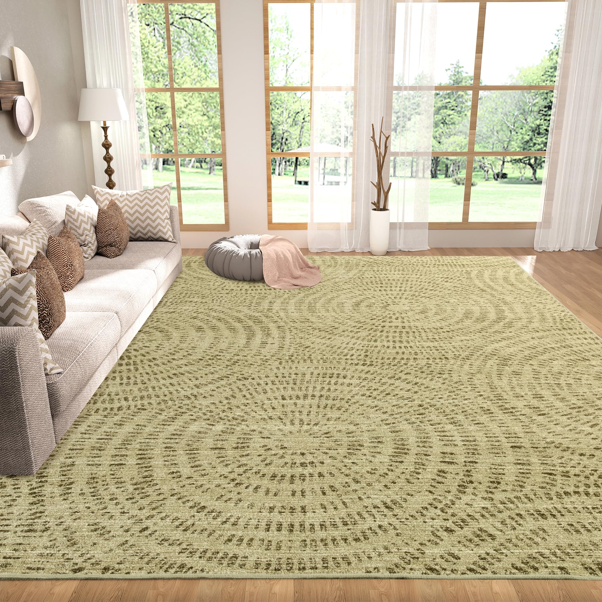 HOMBYS 10x14ft Modern Large Area Rug for Living Room Bedroom, Super-Thin Geometry Floor Carpet for Indoor Office Dining Room, Abstract Home Deco Non-Shedding, Dark Khaki, Machine Washable