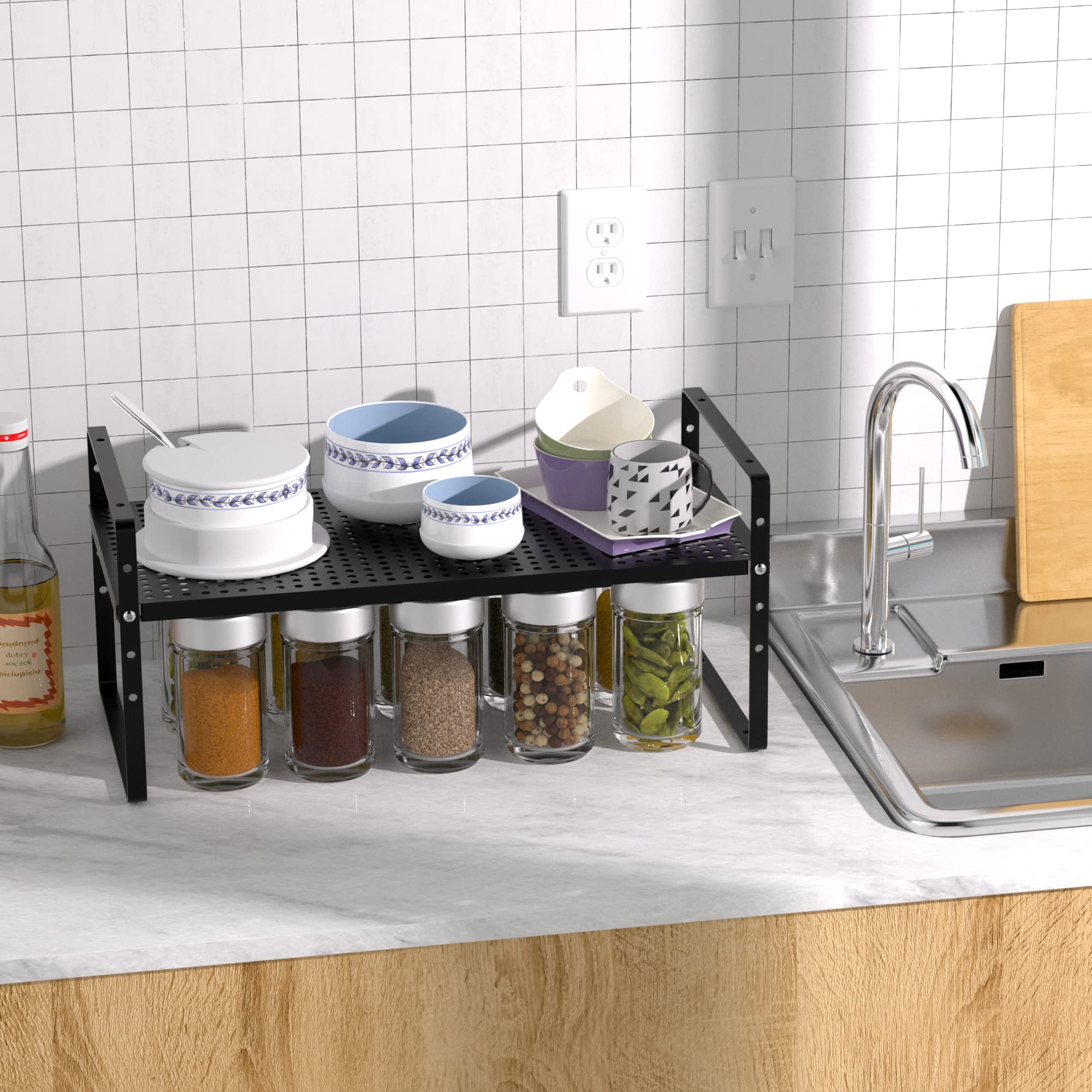 GEDLIRE Expandable Kitchen Cabinet Shelf Organizers 4 Pack, Stackable Metal Pantry Storage Shelves Rack, Adjustable Counter Shelf for Cabinets, Countertop, Cupboard Organizers and Storage, Black