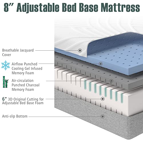 Giantex Twin XL Adjustable Bed Frame w/ 8β Cool Gel Infused Memory Foam Mattress, Electric Adjustable Bed Combo w/Head & Foot Adjustment, Remote Control, LED Light & Dual USB Ports, Convoluted Foam