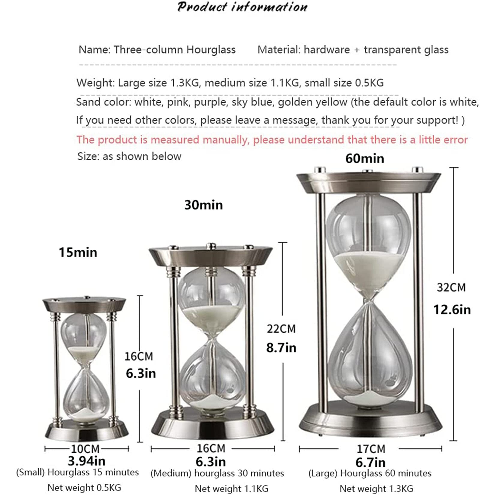 Hourglass Sand Timer 15/30/60 Minutes, Sand Clock Sand Watch, Metal Sandglass Timer with White Sand for Christmas Gifts Wedding Home Desk Office Classroom Decor,Gold 60min