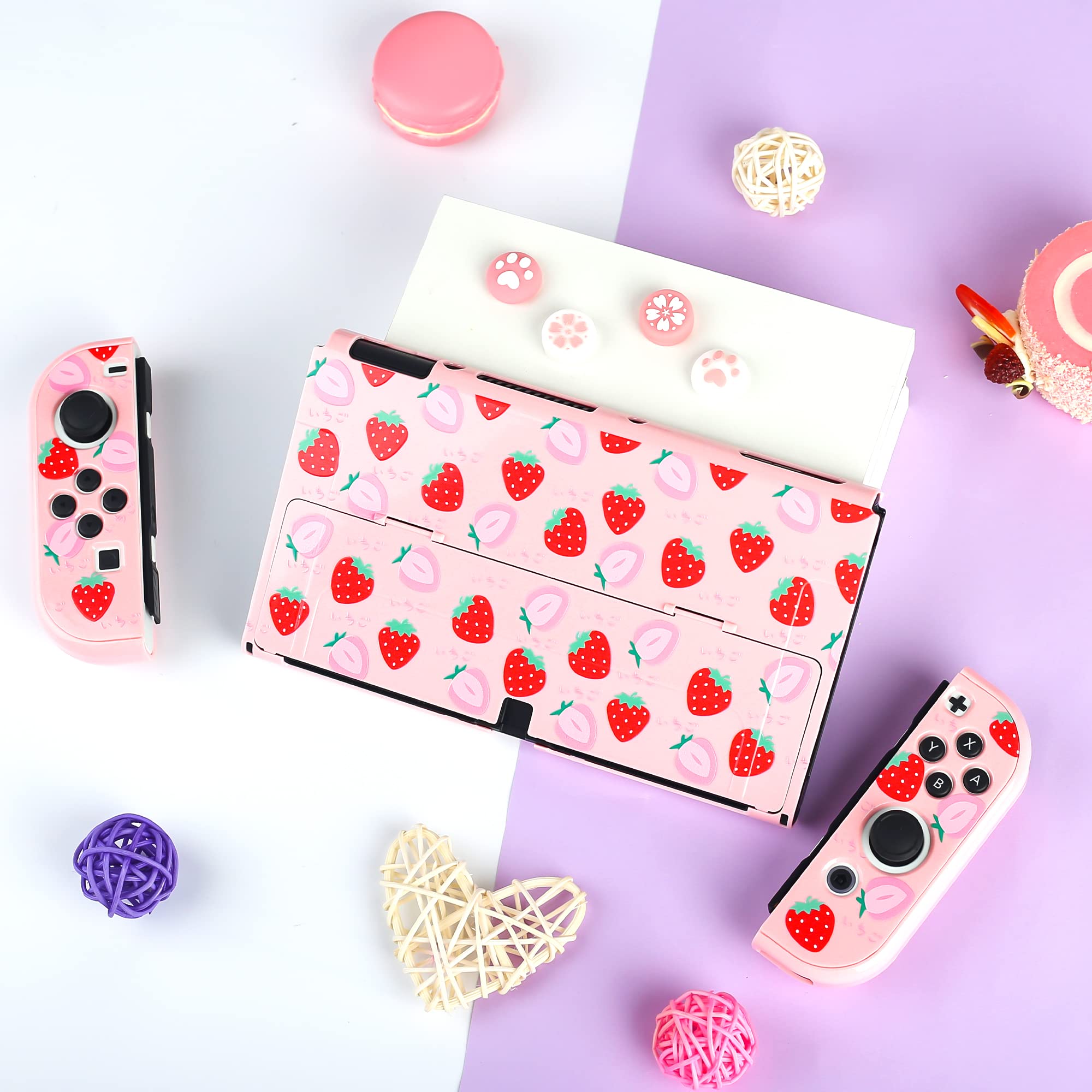 FANPL Pink Protective Case for Nintendo Switch OLED, Cute PC Case Cover Compatible with Switch OLED, Kawaii Skin Accessories for Girls with Thumb Caps and Screen Protector - Pink Strawberry Pattern
