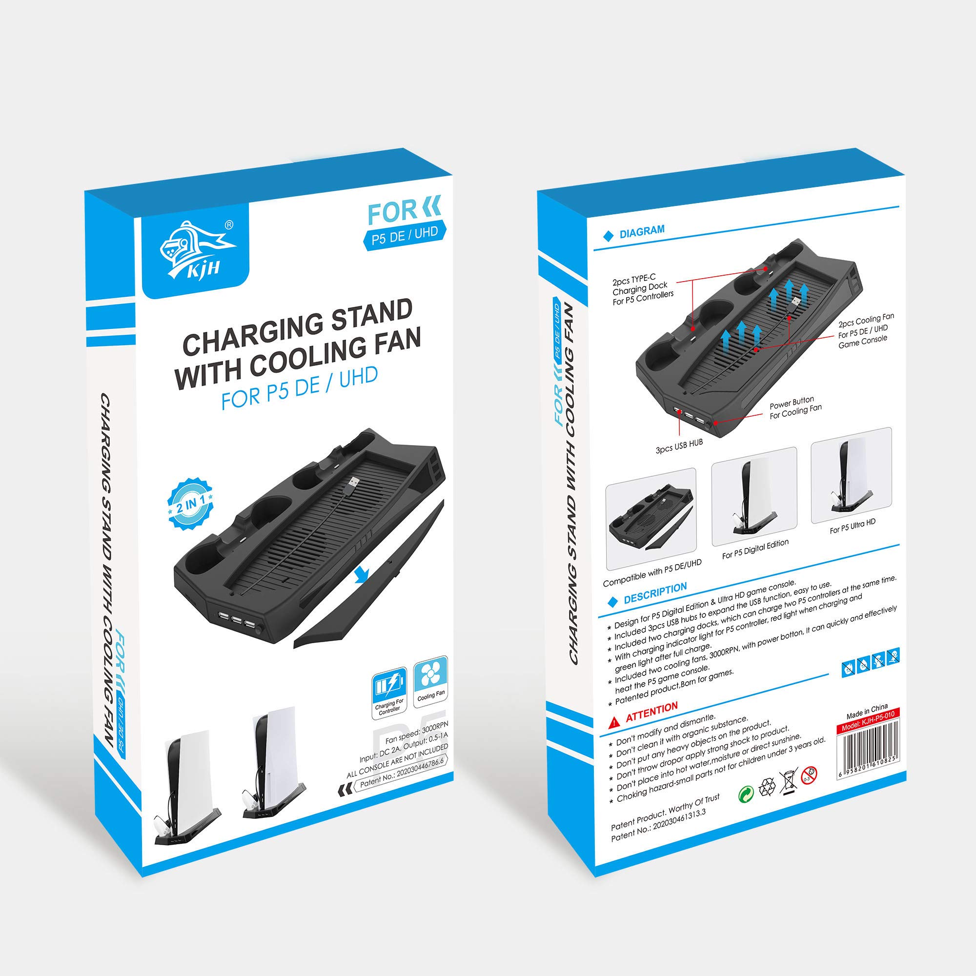 For PS5 DE/UHD Vertical Stand,Including 2 DualSense Controller Charging Dock and Stand with Cooling Fan Compatible,3 USB .Playstation 5 Charging Station Dock with Dual Controller Charger Ports.