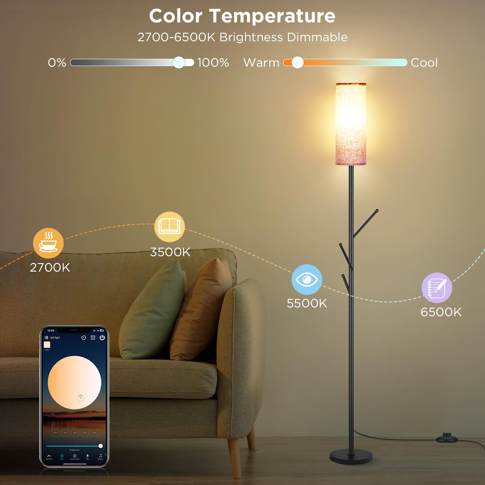 Floor Lamp with Coat Rack Stand, Dimmable Floor Lamps for Living Room with Replaceable Smart Led Bulbs, Standing Light Atmosphere Lamp with App/Remote/Footrest Control, 100-240V, Bulb Included