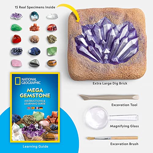 NATIONAL GEOGRAPHIC Mega Gemstone Dig Kit β Dig Up 15 Real Gemstones and Crystals, Science Kit for Kids, Gem Digging Kit, Gift for Girls and Boys, Mining Kit, Rock Collection (Amazon Exclusive)