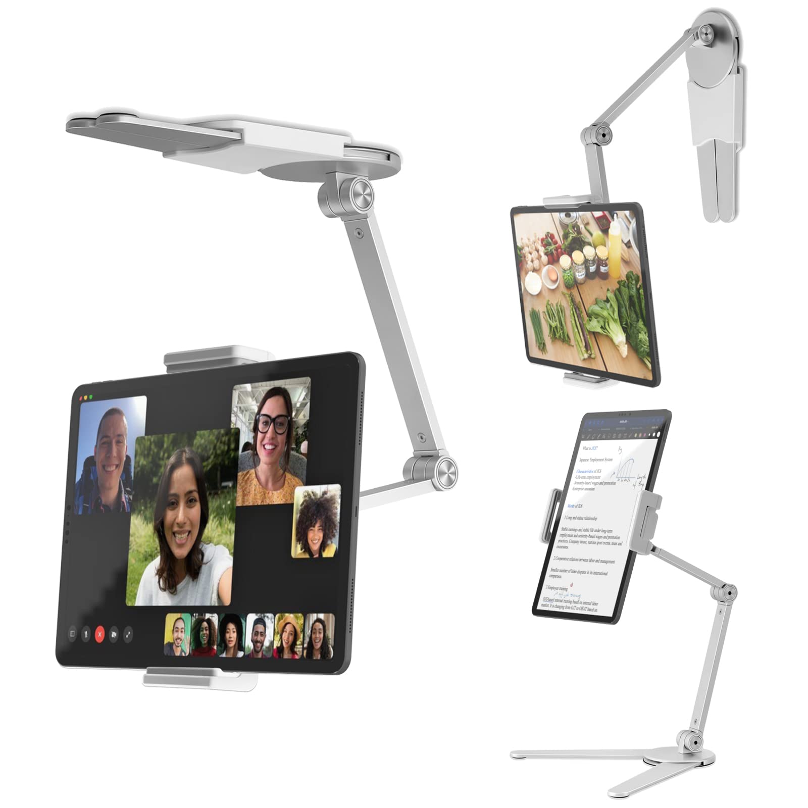 Inifispce 3 in 1 Tablet Stand, iPad Wall Mount, Under Cabinet Tablet Mount, Kitchen Tablet Holder for 4.7''- 13'' Screen Microsoft Surface Pro Series, iPad Pro 11/12.9, iPad, Mini, Air (Silver)