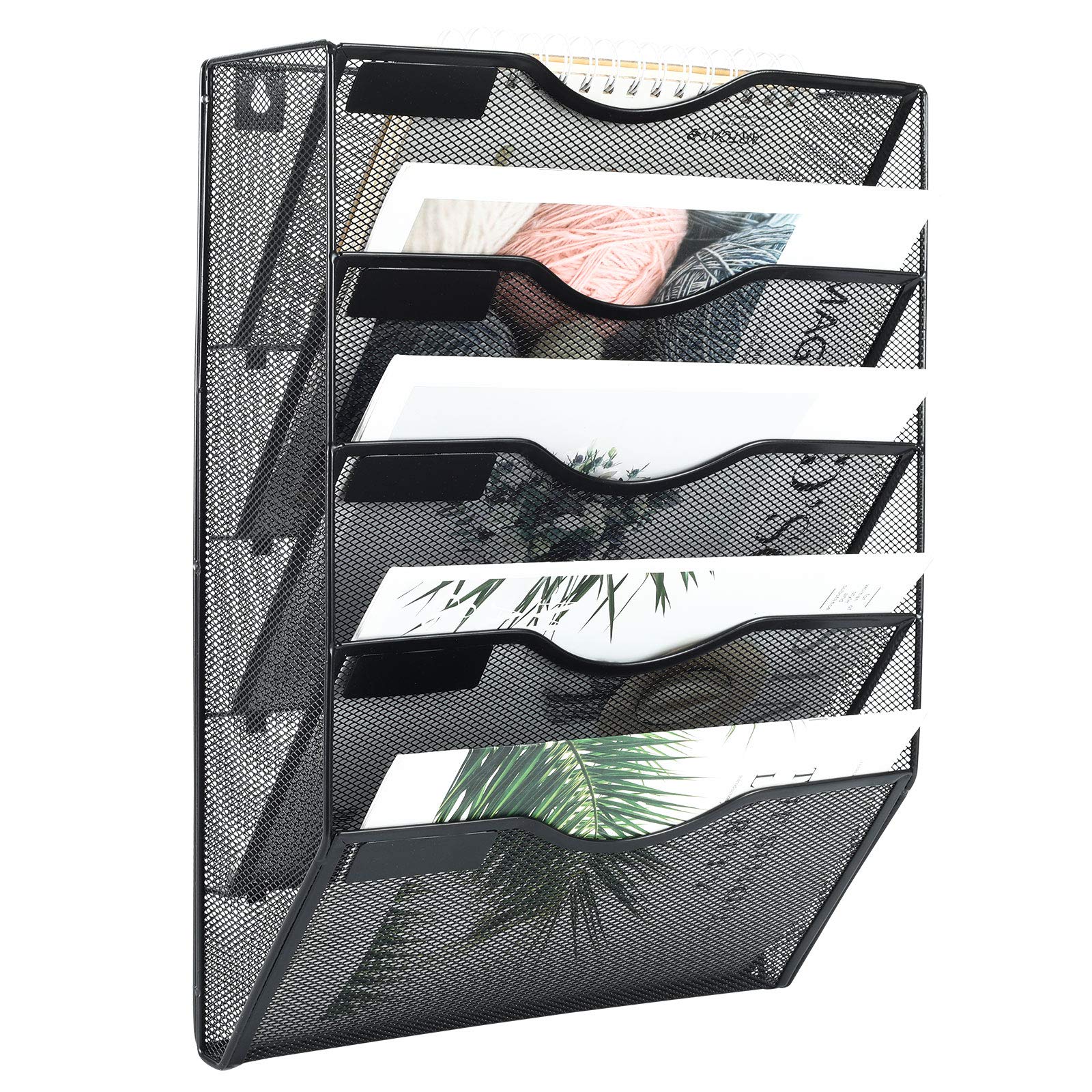 EasyPAG File Organizer Mesh 5 Pockets Large Capacity Wall Hanging File Organizer Vertical Holder Rack for Office Home ,Black