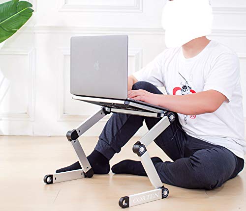 Ergonomic Portable Laptop Table Desk Stand Foldable Lap Tray for Bed Sofa Fully Adjustable Height and Angle Laptop Riser with USB Fans for Work from Home or Travel(Silver)
