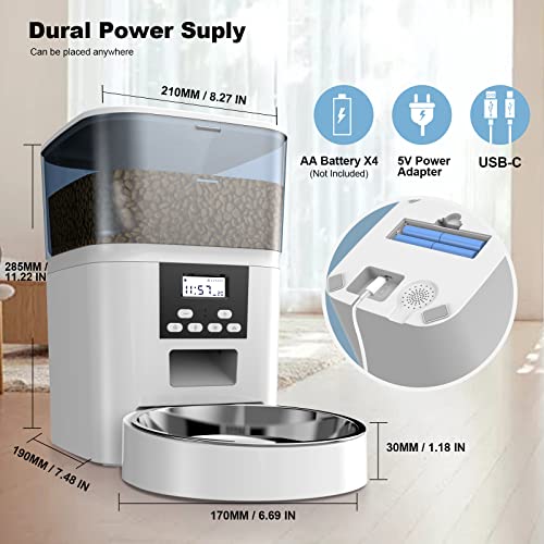 Tomxcute Automatic Cat Feeders,Cat Dry Food Dispenser for Cat Small Dog,4L Timed Dog Feeder with Desiccant Bag for Pet Feeder,Programmable Portion Size Control 6 Meals Per Day, 10s Voice Recorder