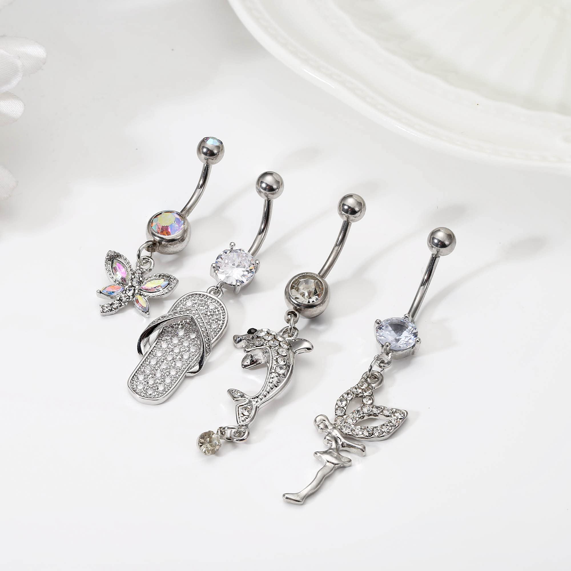 Fansilver 14G Belly Button Rings Dangle for Women Stainless Steel Butterfly Evil Eye Key lock Belly Button Rings Clear CZ Navel Rings Belly Piercing Jewelry Pack