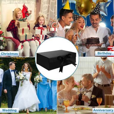 Gift Box with Satin Ribbon,9.1*6.1*2.7Inches black Collapsible Gift Box with Magnetic Lid, with Gift Card, Envelope, Shredded Paper Filler,for Bridesmaid Proposal Gift, Graduation, Holiday, Birthday Party Favor,(1 Pcs)