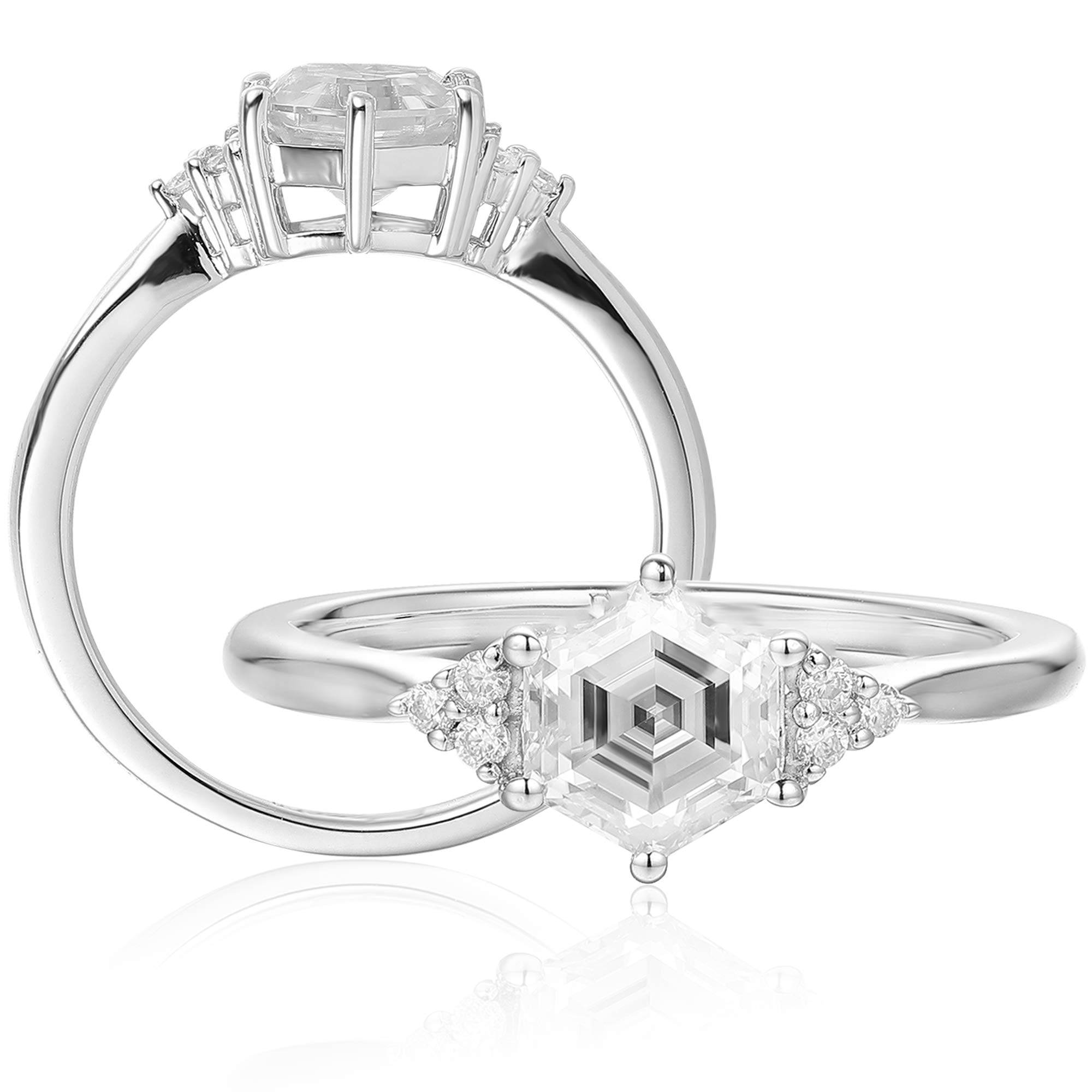 Esdomera Excellent Hexagon Cut 6mm 1.85ct Genuine Moissanite Women's Ring Platinum Plated Sterling Silver Ring Accents Engagement Ring for Women (7)